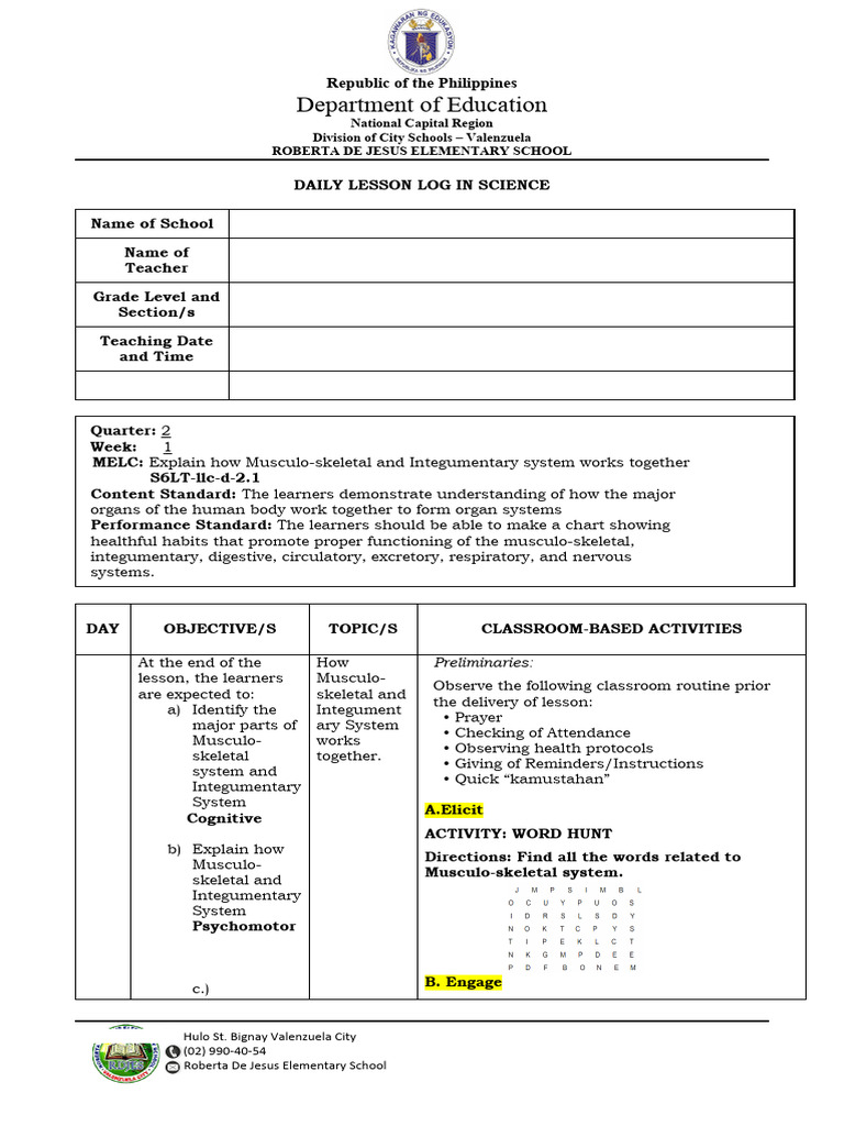 Daily Lesson Plan | PDF | Skeletal Muscle | Human Musculoskeletal System