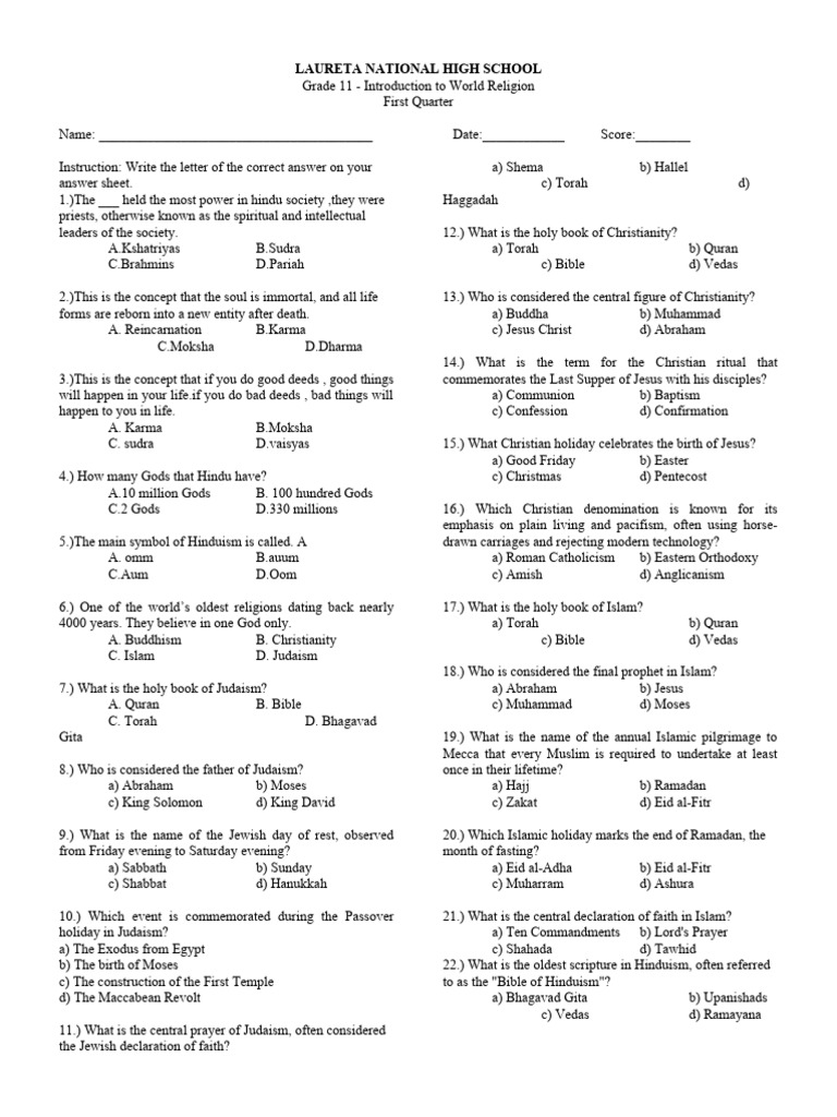 Grade 11 World Religion Exam Review | PDF | Deities | Greek Mythology