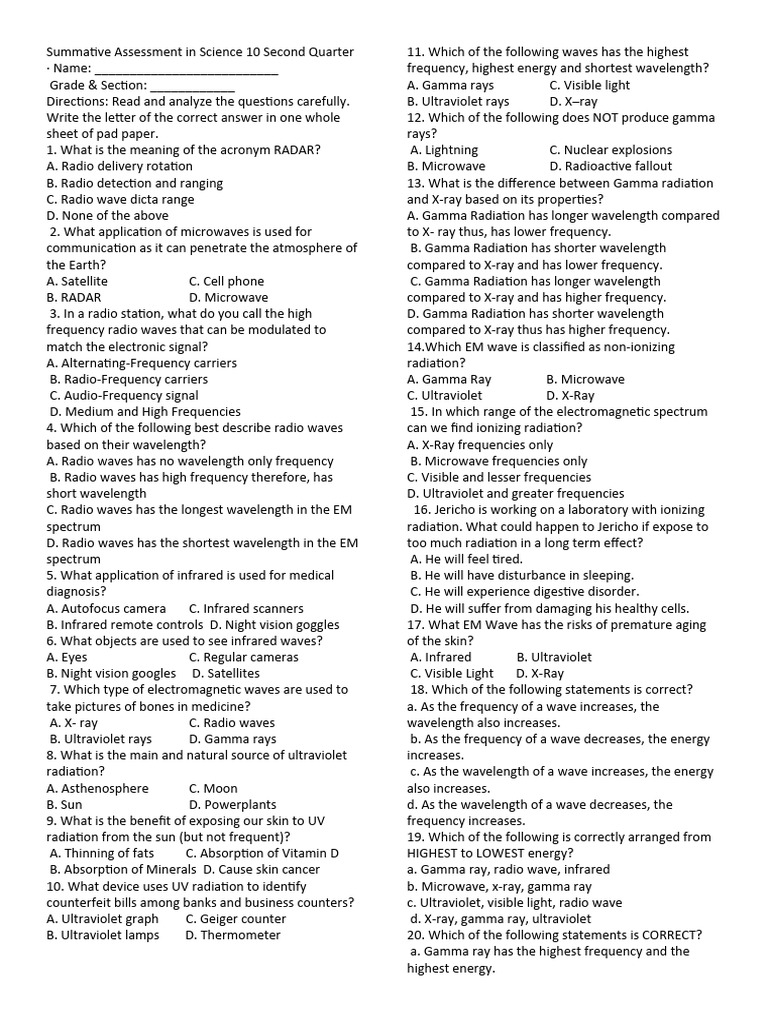 Science 10: Electromagnetic Waves Quiz | PDF | Electromagnetic Spectrum ...