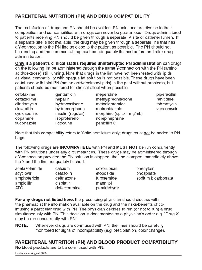 Parentral Nutrition Drug Compatibility | PDF | Drugs | Clinical Medicine