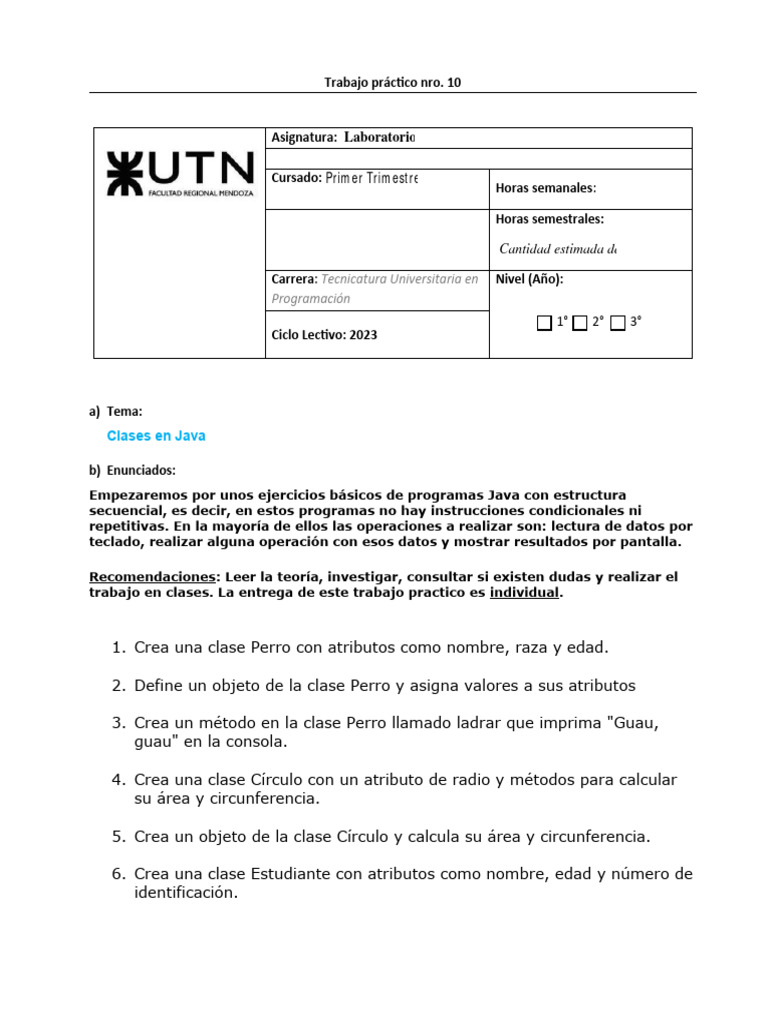 Trabajo Práctico Nro 10 Java - Laboratorio 1 | PDF | Java (lenguaje de programación ...