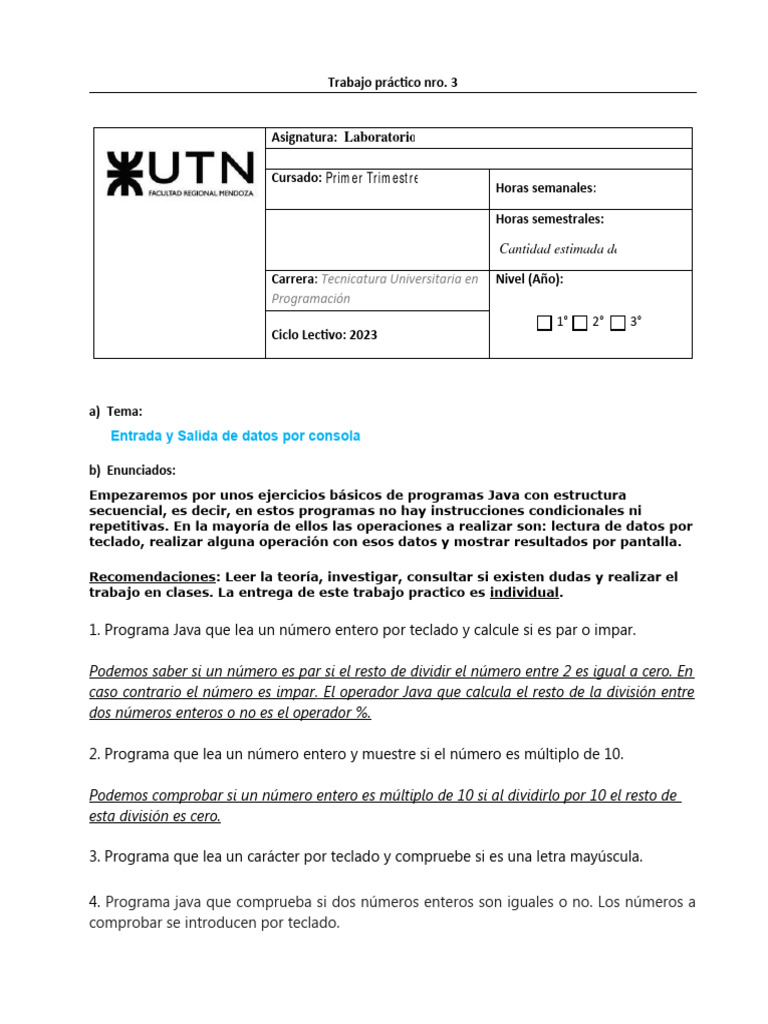Trabajo Práctico Nro 3 Java - Laboratorio 1 | PDF | Java (lenguaje de ...