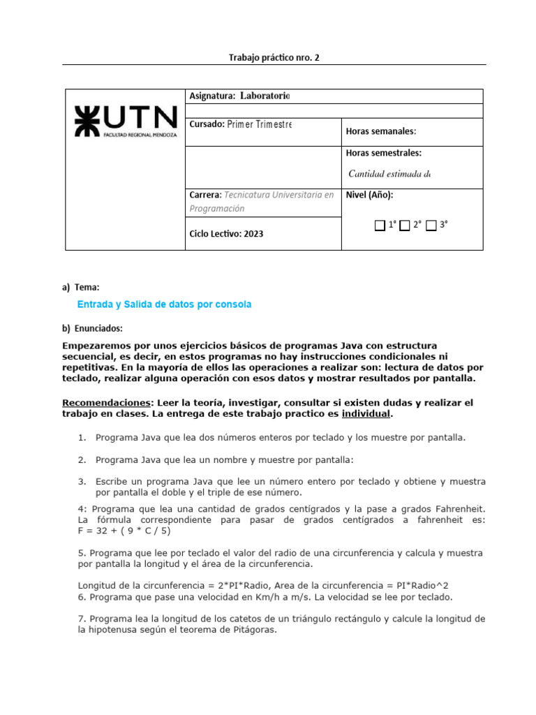 Trabajo Práctico Nro 2 Java - Laboratorio 1 | PDF | Raíz cuadrada | Matemática Elemental