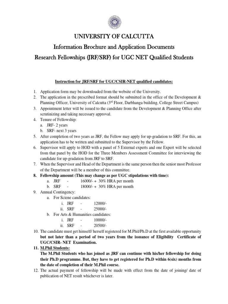 Calcutta University JRF/SRF Fellowship Guide | PDF | Academia