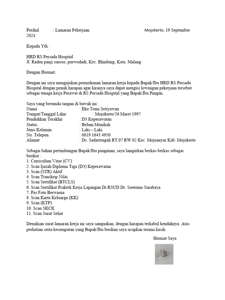 Lamaran Perawat Rs Persada Hospital Malang | PDF | Karier & Perkembangan