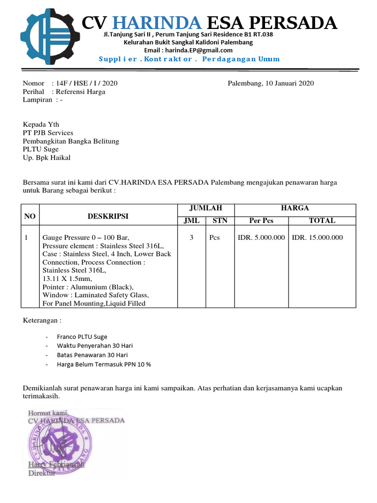 Penawaran Harga CV Harinda EP | PDF