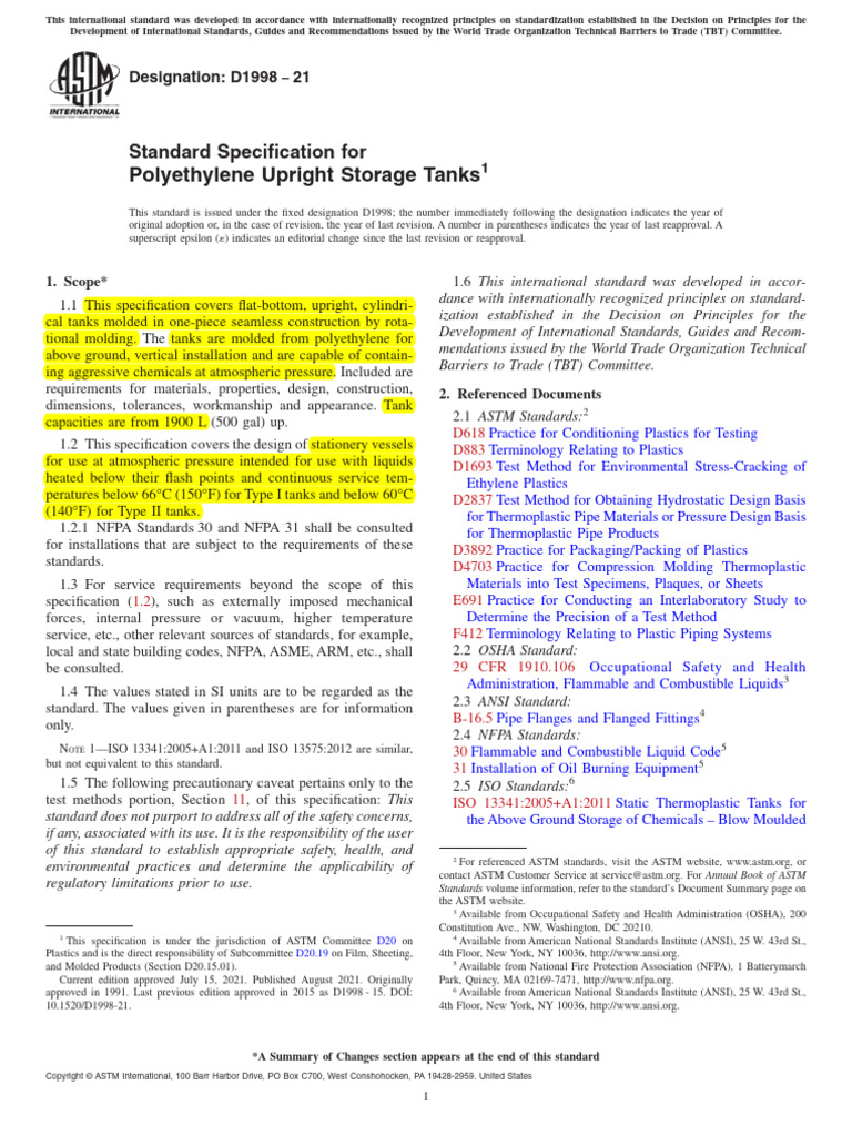 Polyethylene Upright Storage Tanks: Standard Specification For | PDF ...