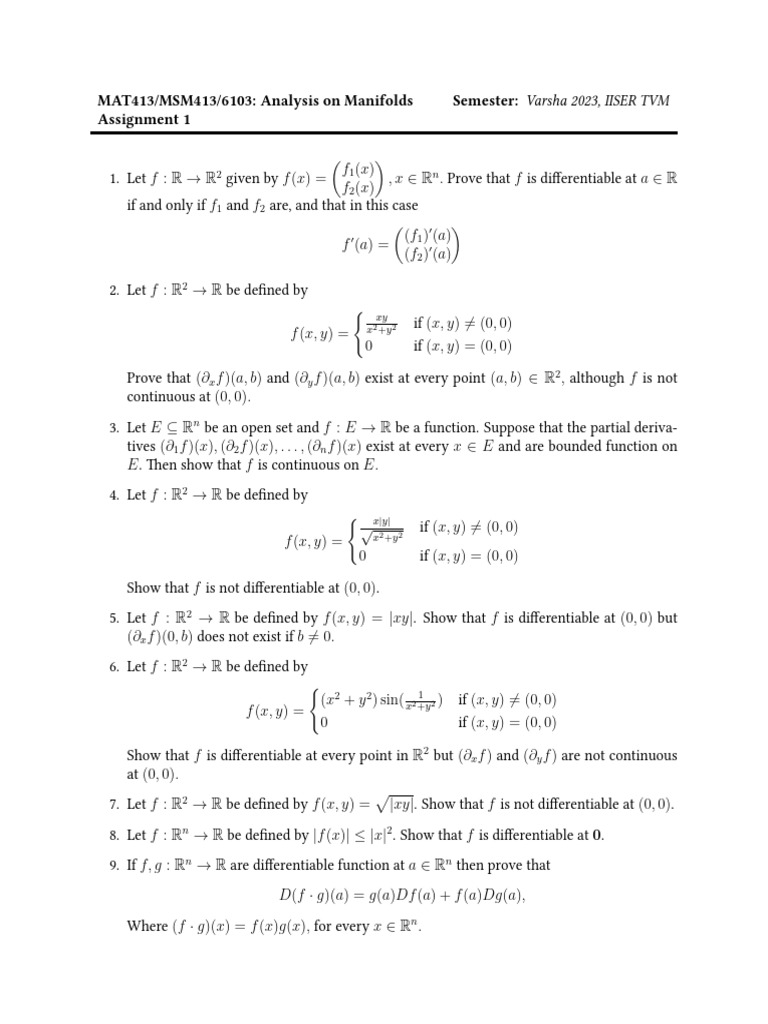 Analysis On Manifolds Assignment 1 | PDF | Derivative | Mathematical Objects