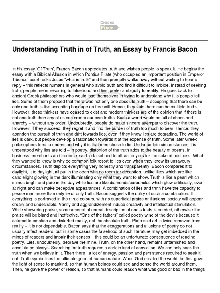 Understanding Truth in of Truth, An Essay by Francis Bacon | PDF ...