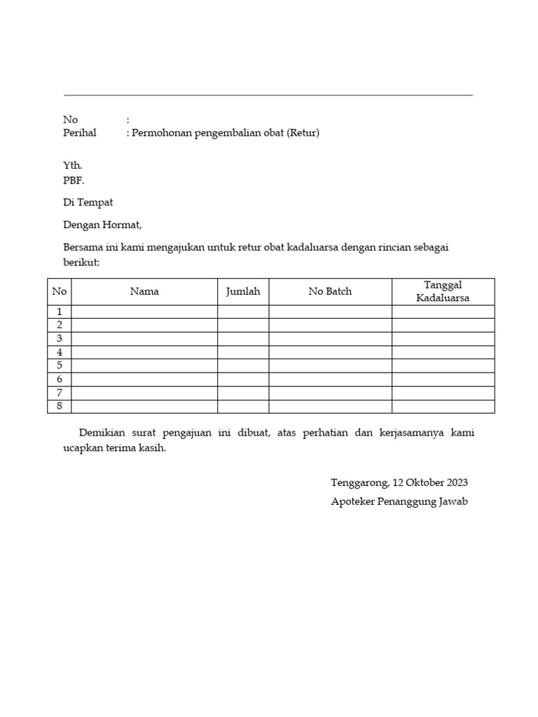 Surat Retur Obat | PDF