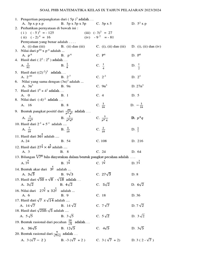 SOAL PHB MATEMATIKA KELAS IX CP Edit | PDF