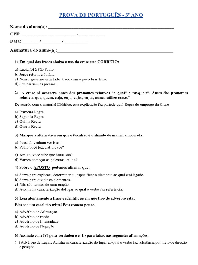 Prova de Portugues - 3º ANO - EJA - CBIE | Download grátis PDF | Advérbio | Adjetivo