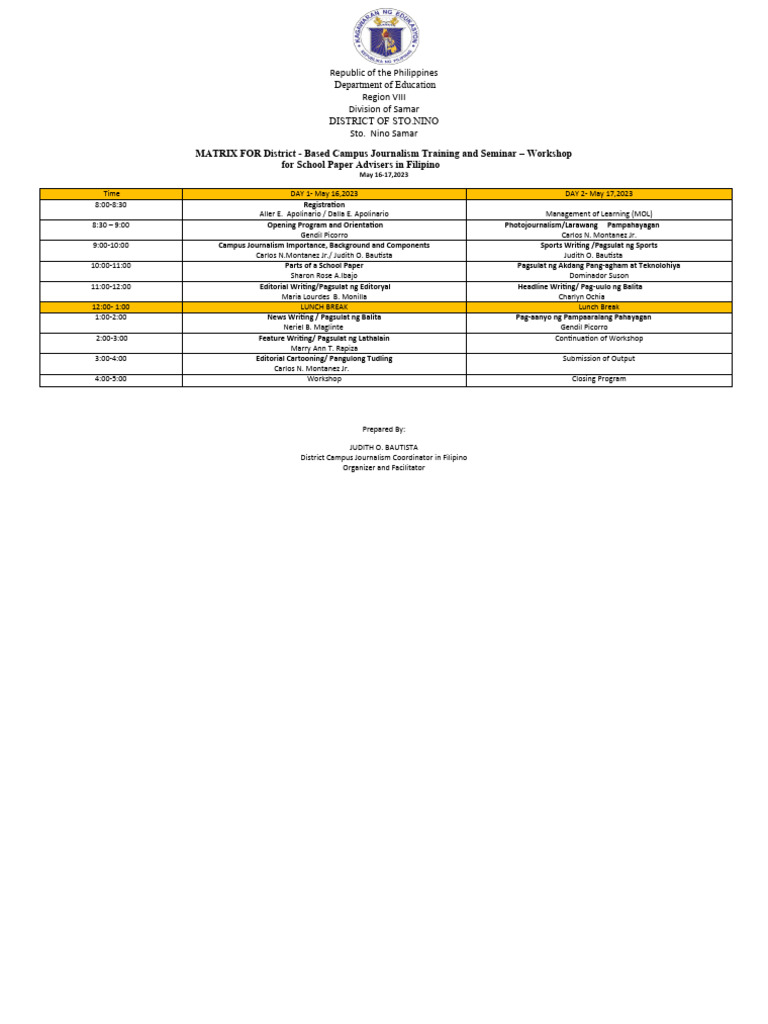 Training Matrix of Campus Journalism2 | PDF