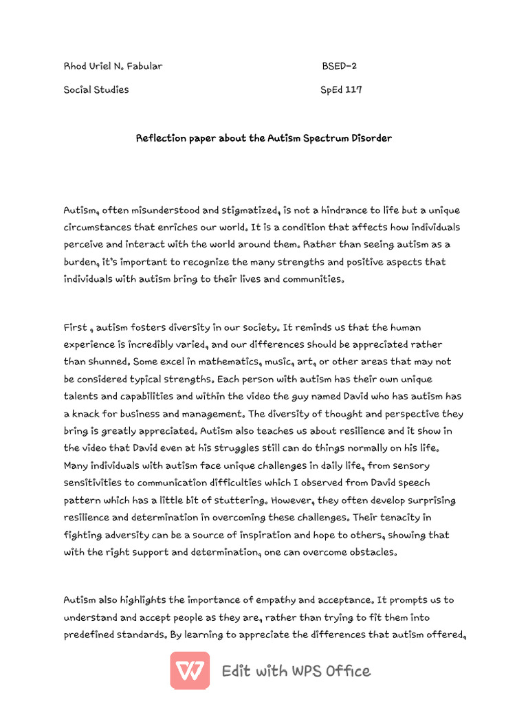 Reflection Paper For Autism | PDF | Autism Spectrum | Cognition