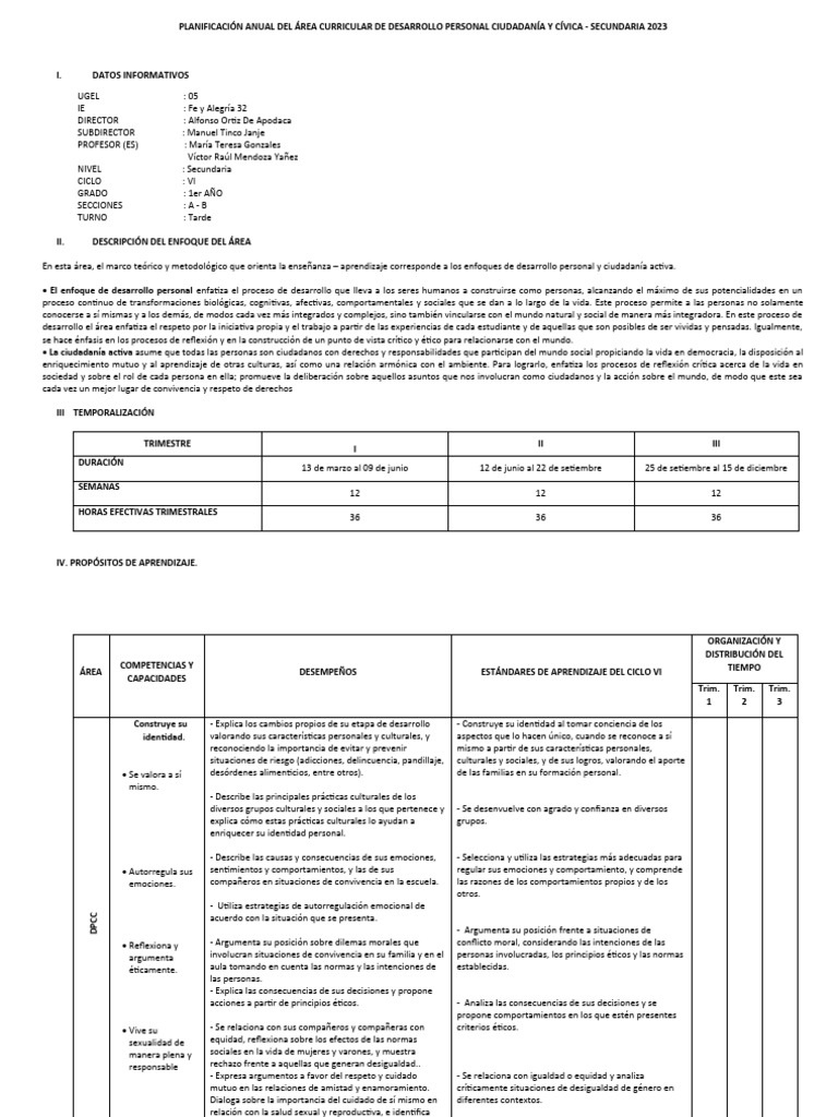 Plan Anual 1° DPCC Fe y Alegria 32 | PDF | Aprendizaje