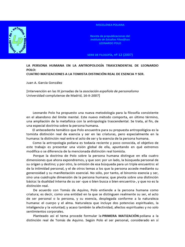 La Persona Humana en La Antropología Trascendental de Leonardo Polo: Cuatro Matizaciones A La ...