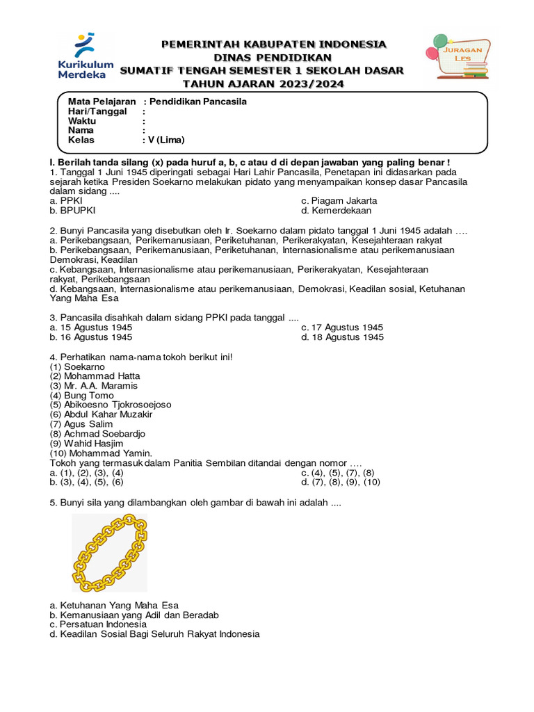 Soal PTS-STS Pendidikan Pancasila Kelas 5 Semester 1 Kurikulum Merdeka T.A 2023-2024 | PDF