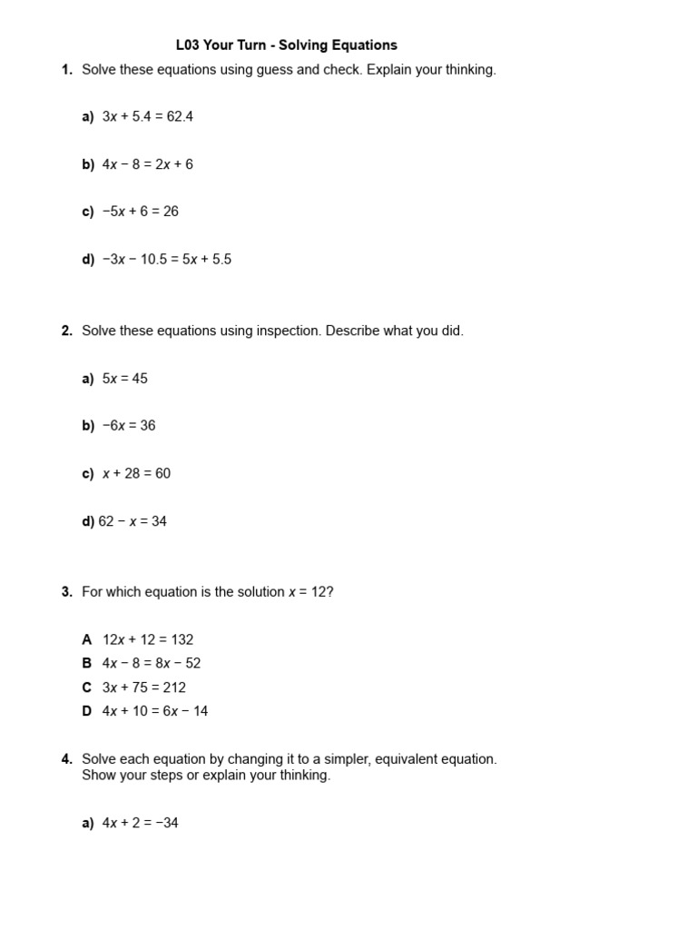Solving Equations Practice Guide | PDF | Equations | Mathematics