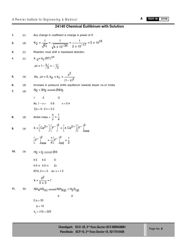 Chemical Equilibrium Solutions | PDF | Chemical Equilibrium | Physical ...