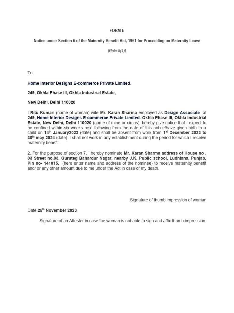 Form E-Notice of Proceeding On Maternity Benefit | PDF