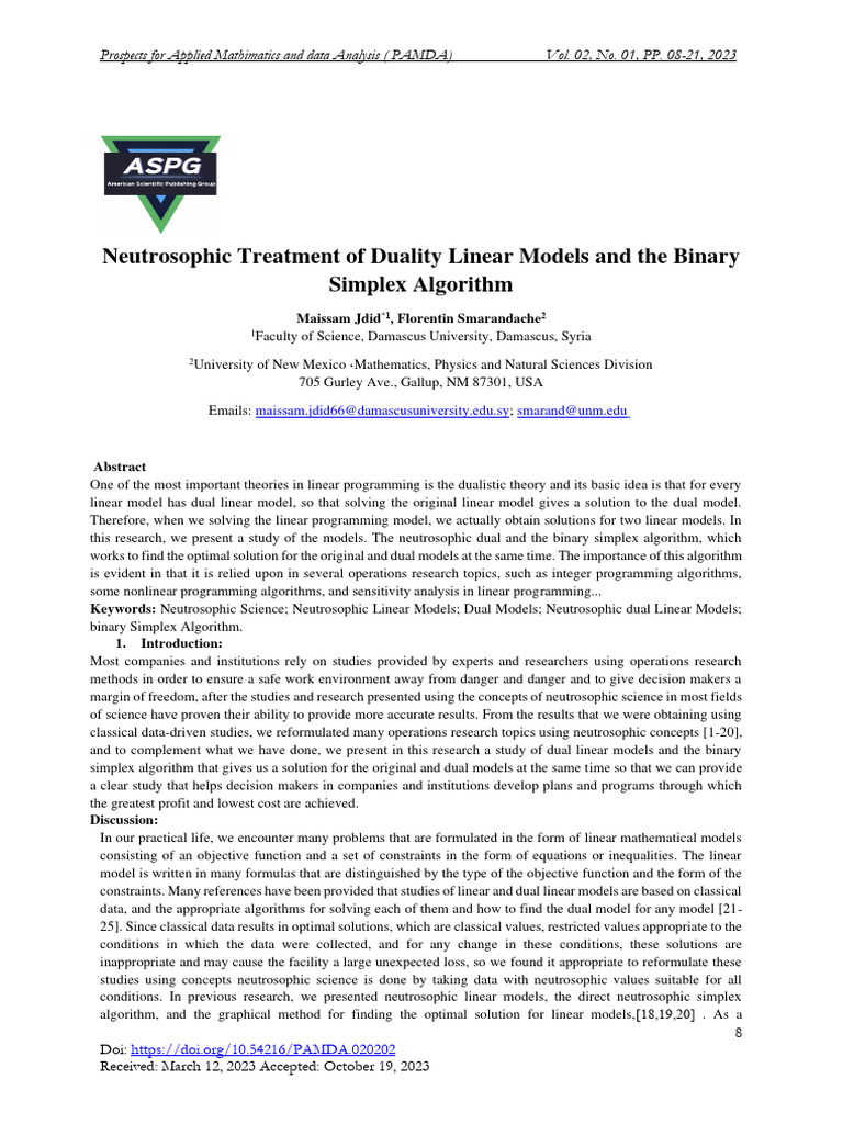 Neutrosophic Treatment of Duality Linear Models and The Binary Simplex Algorithm | PDF | Linear ...