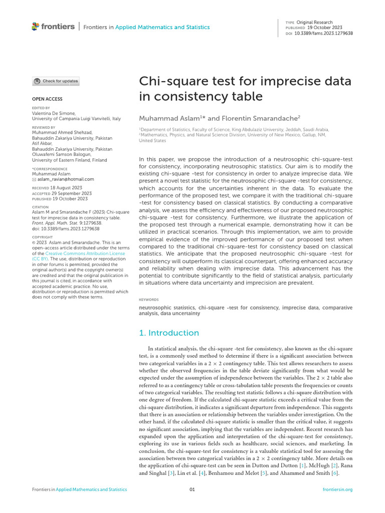 Chi-Square Test For Imprecise Data in Consistency Table | PDF ...