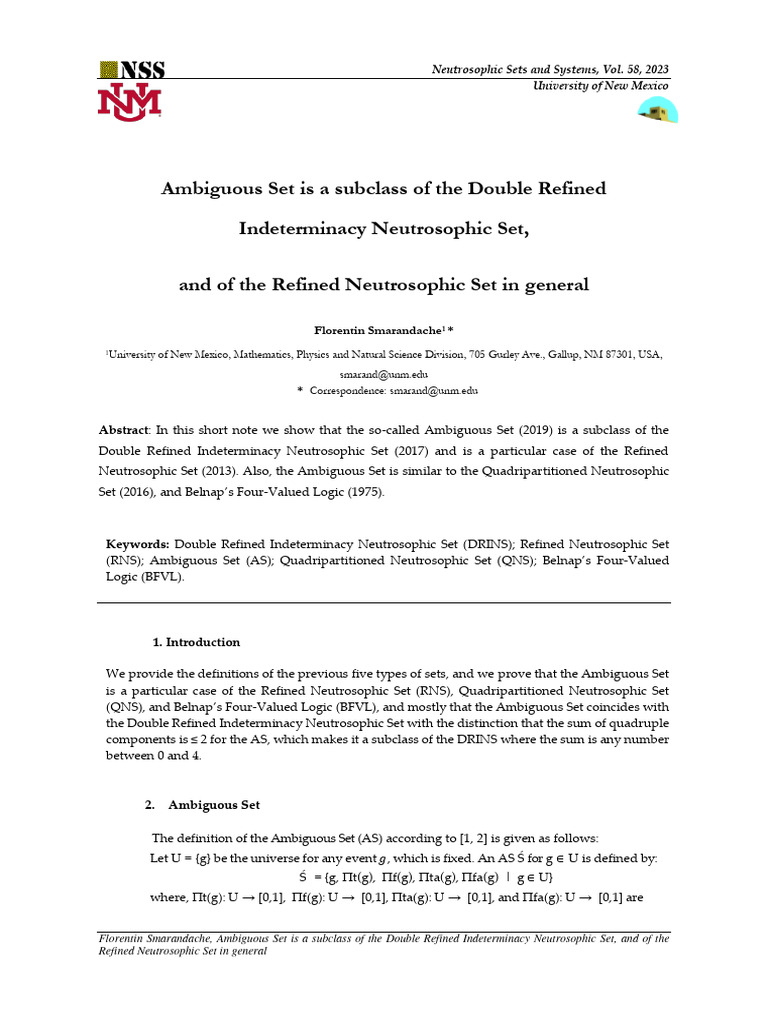 Ambiguous Set in Neutrosophic Systems | PDF | Logic | Mathematics