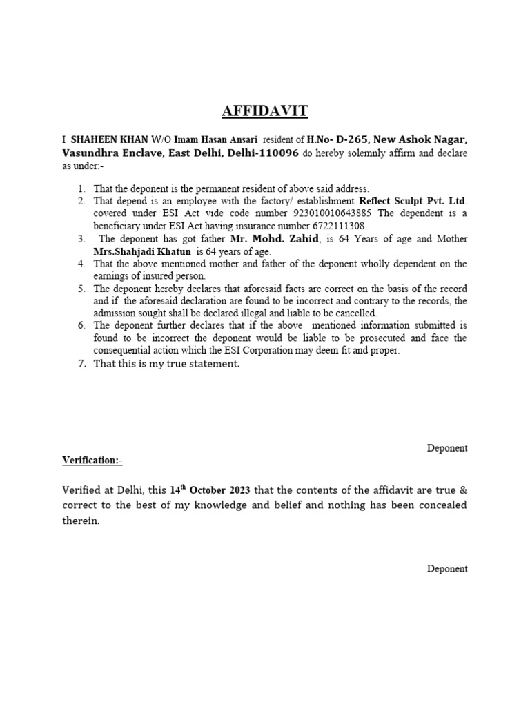 ESIC Dependent Affidavit Format | PDF