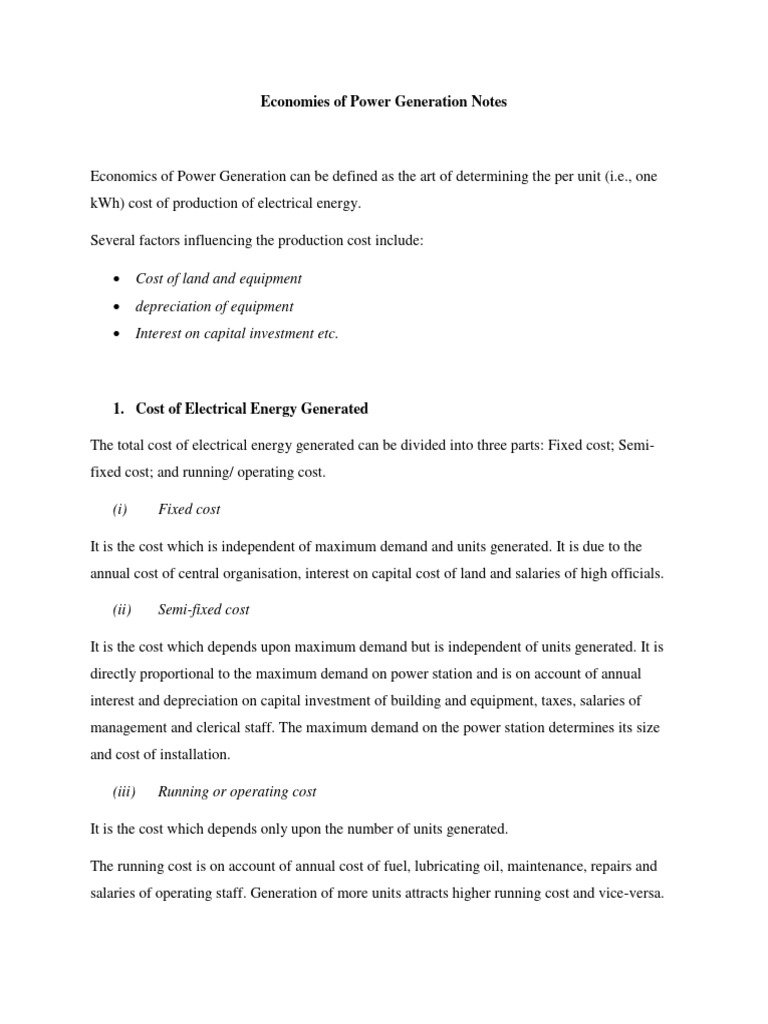 Economies of Power Generation Notes - Lecture II | PDF