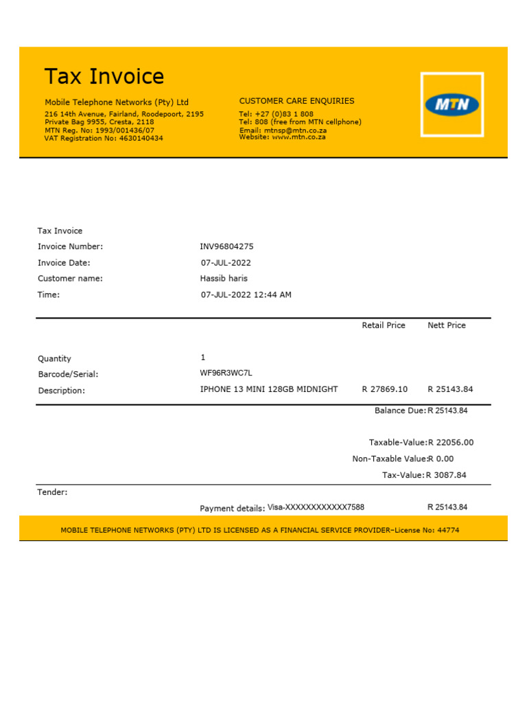 MTN Invoice for iPhone 13 Mini | PDF