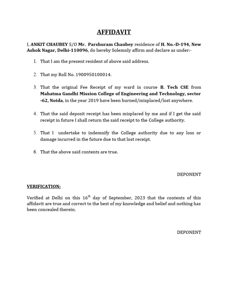 Affidavit Lost Receipt 1 Pdf