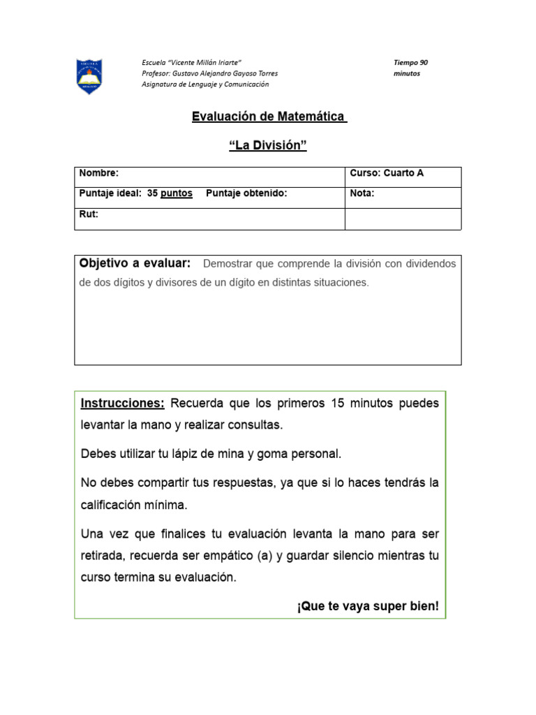 Evaluación de Matemática División | Descargar gratis PDF | División ...