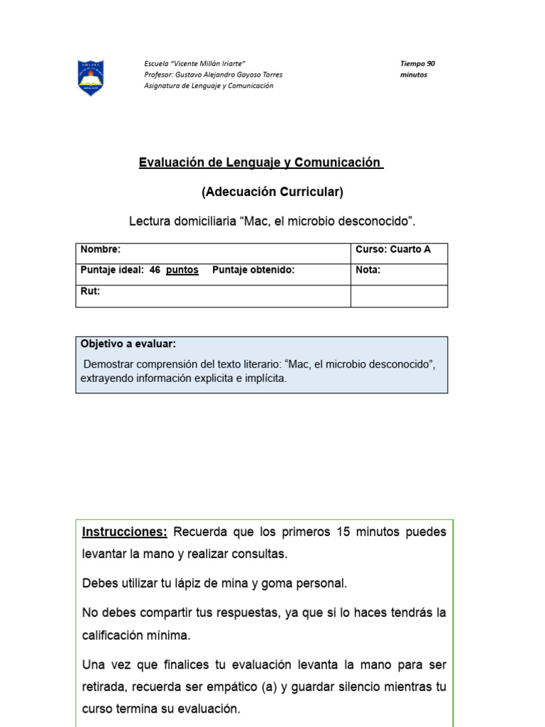 Prueba de Lenguaje y Comunicación | PDF