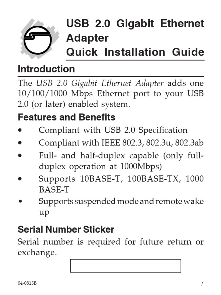 USB 2.0 Gigabit Ethernet Adapter Quick Installation Guide: Features and Benefits | PDF ...