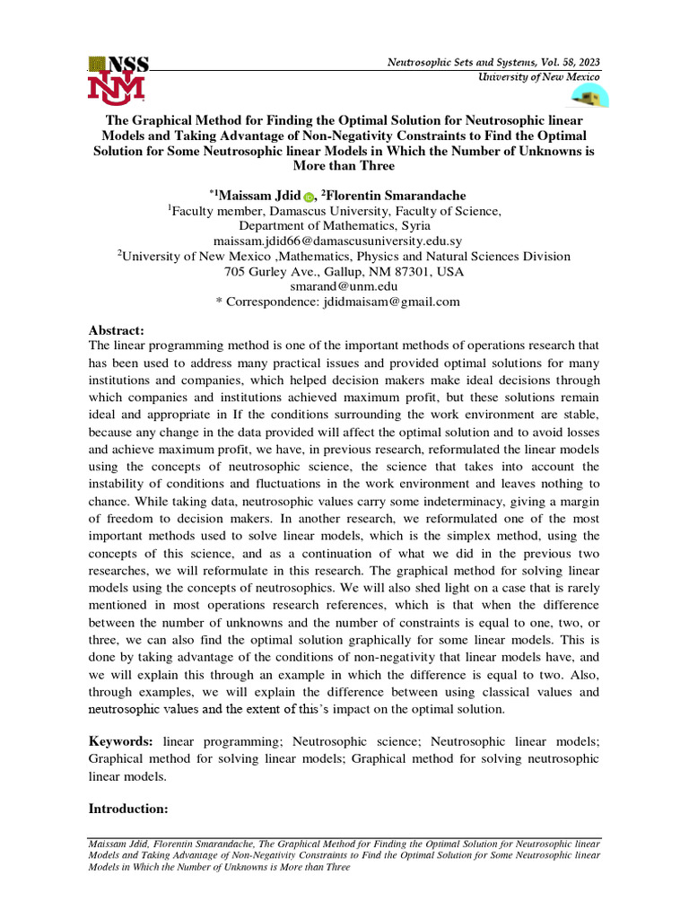 Neutrosophic Sets and Systems, Vol. 58, 2023 University of New Mexico | PDF | Linear Programming ...
