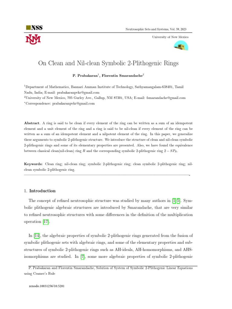 On Clean and Nil-Clean Symbolic 2-Plithogenic Rings | PDF | Ring ...