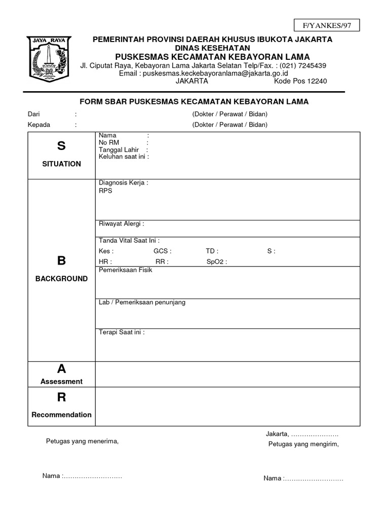 Form Sbar Puskesmas Kecamatan Kebayoran Lama | PDF
