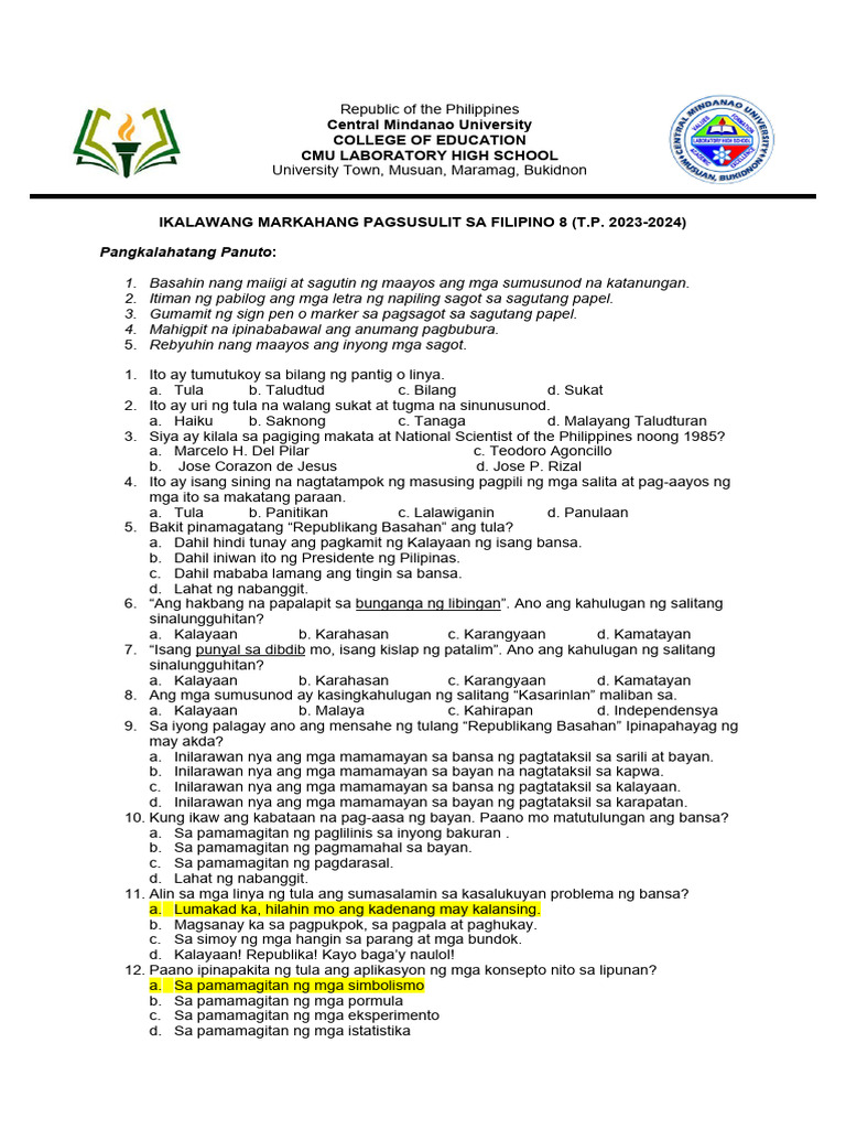 Grade 8 2ND Grading Exam | PDF