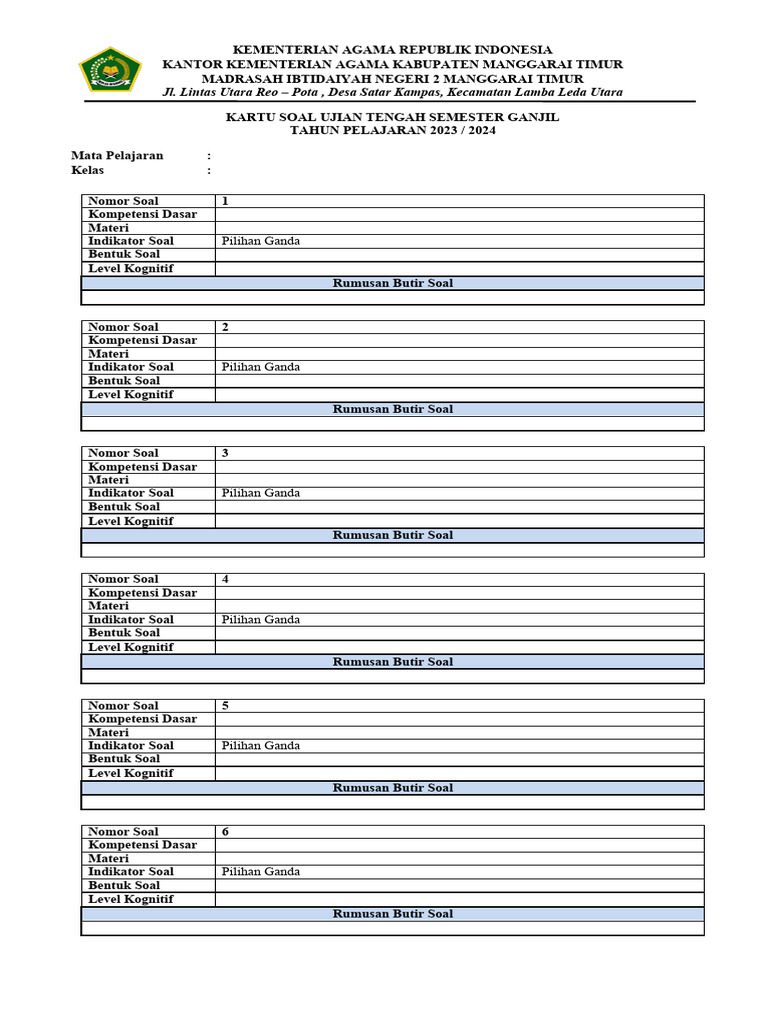 Format Kartu Soal Uts Semester Ganjil TP 2022-2023 | PDF