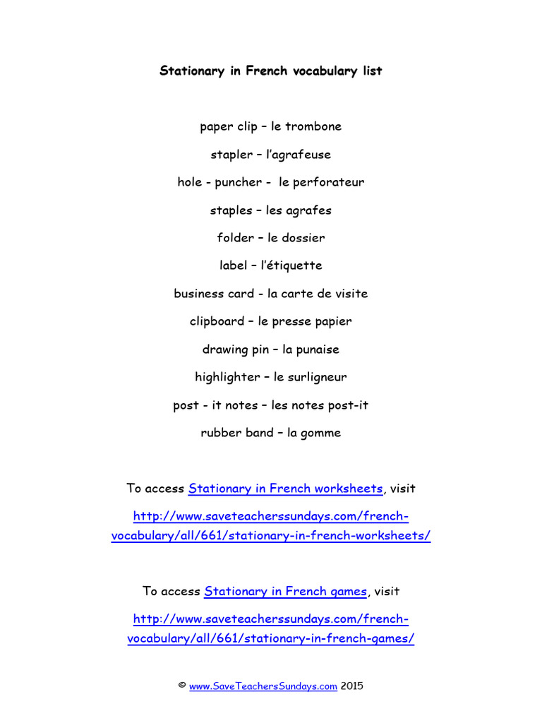 Stationary in French List | PDF