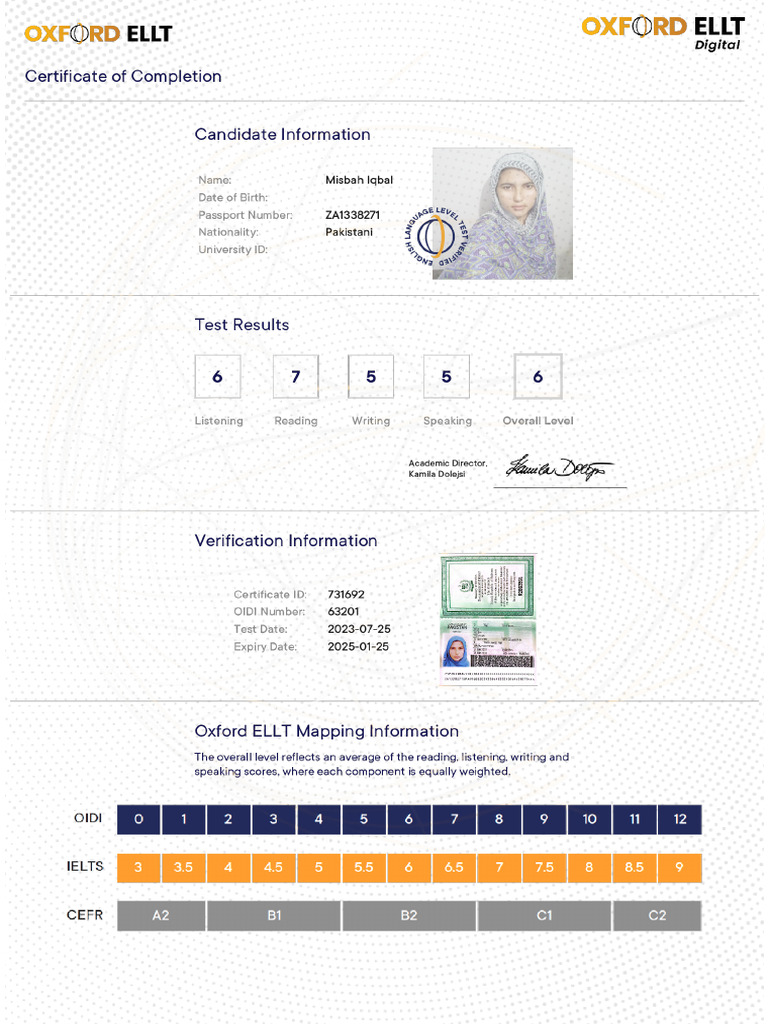 Oxford ELLT Certificate Misbah Iqbal 731692 | PDF