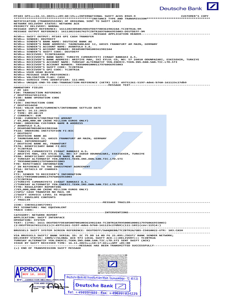 16.11.2023 9m Swift Gpi Avantulo S.A. Turksay Alternatif Yen - Enerji.tekn - Ins.dan - San.tic ...