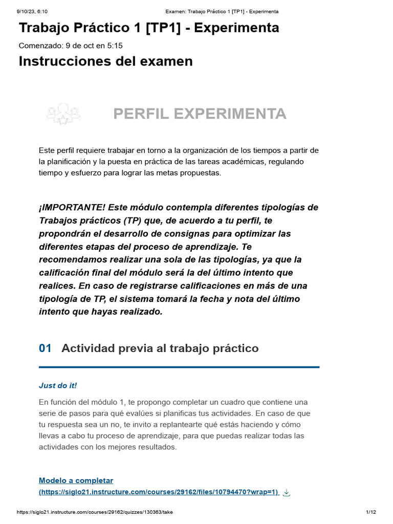 Examen - Trabajo Práctico 1 (TP1) - Experimenta 95% | PDF ...