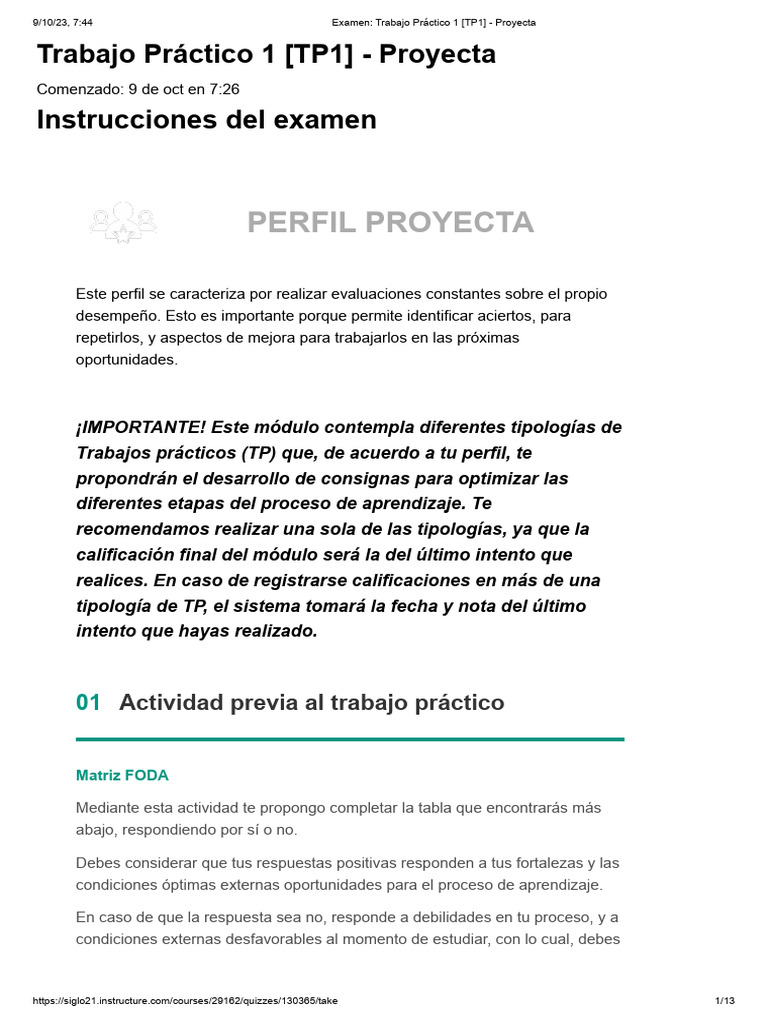 Examen - Trabajo Práctico 1 (TP1) - Proyecta 100% | PDF | Análisis FODA | Responsabilidad social ...