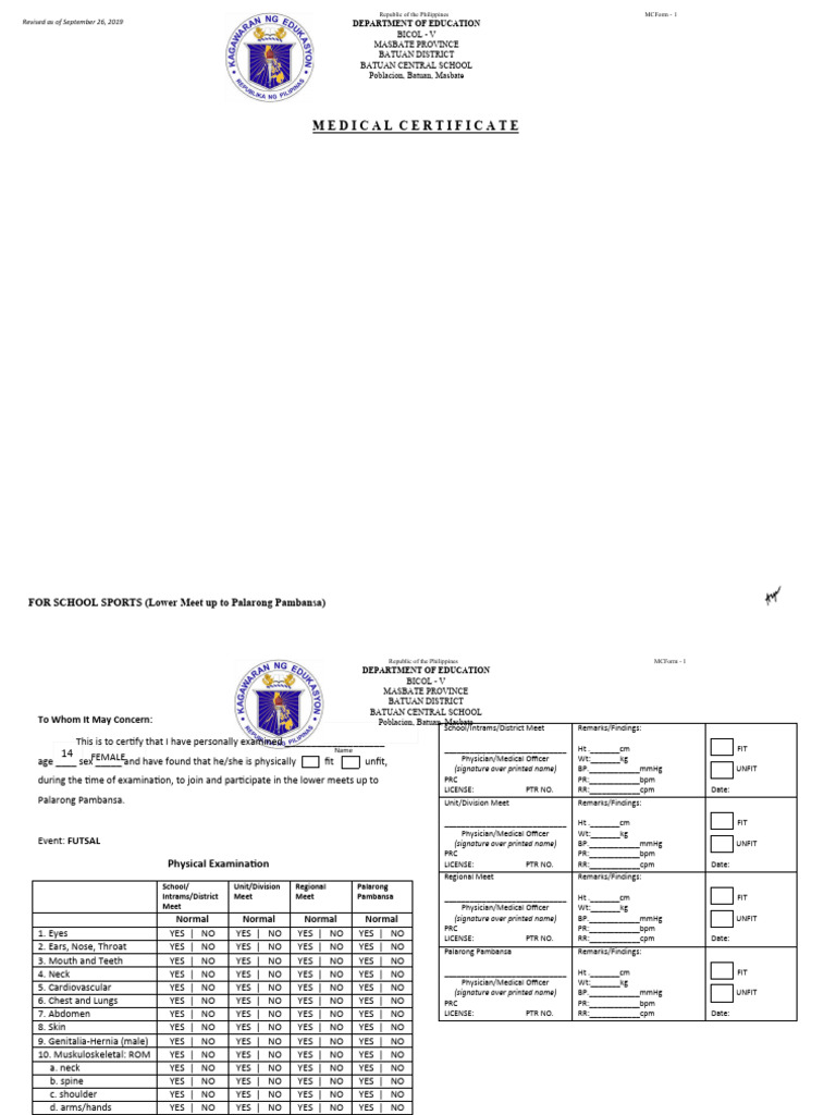 Medical Certificate for School Sports | PDF