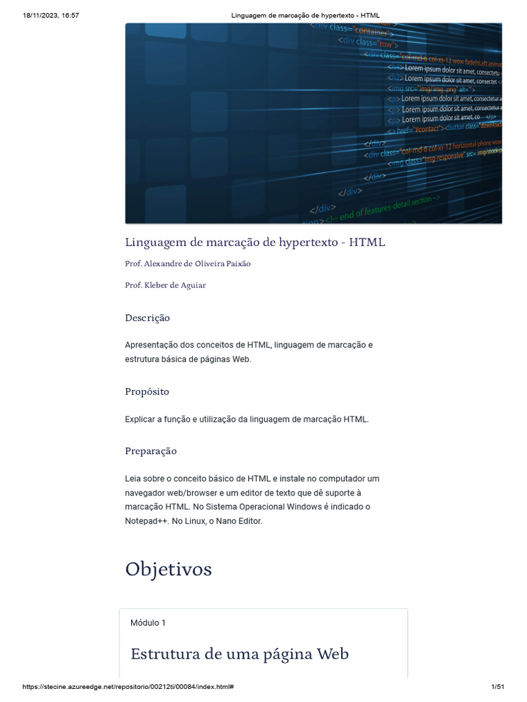 Linguagem de Marcação de Hypertexto - HTML | PDF | Html | Html5