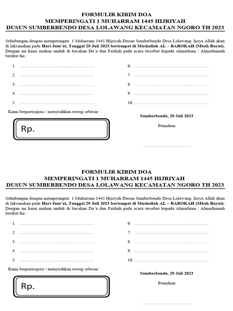 Formulir Kirim Doa 1 Muharram 1445 | PDF | Olahraga & Rekreasi | Griya ...