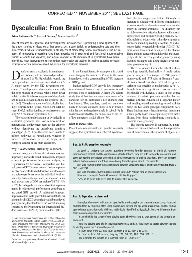 Dyscalculia: Brain and Education Insights | PDF | Parietal Lobe | Learning