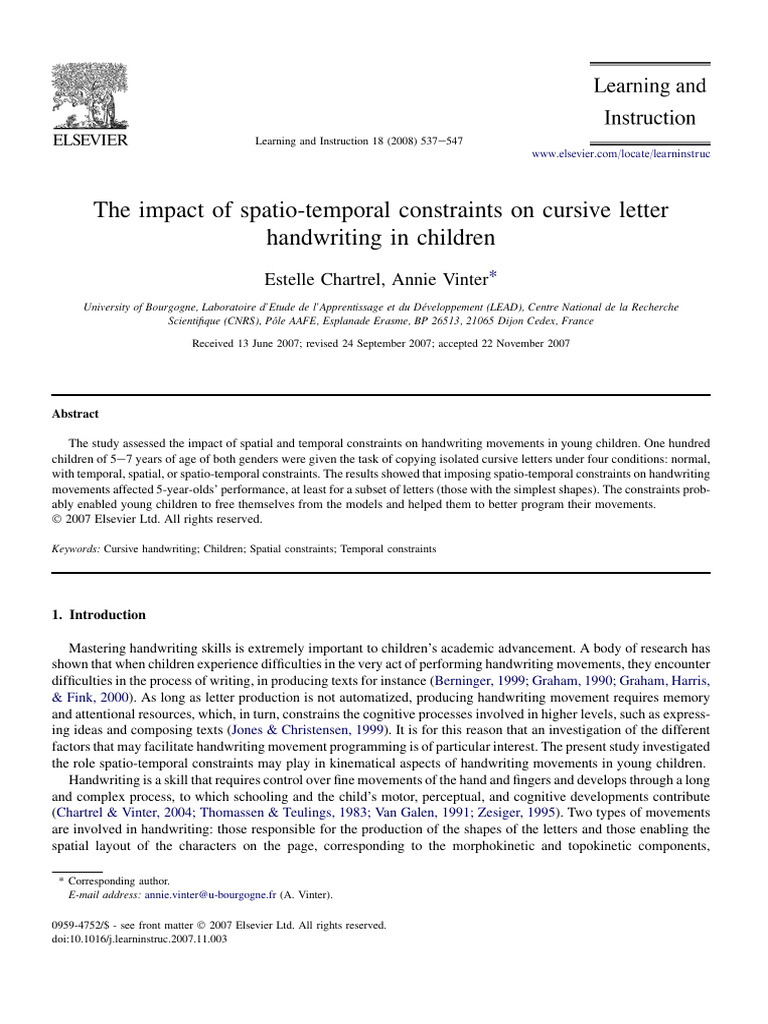 The Impact Of Spatio Temporal Constraints On Cursive Letter Handwriting 2008 Pdf Effect 