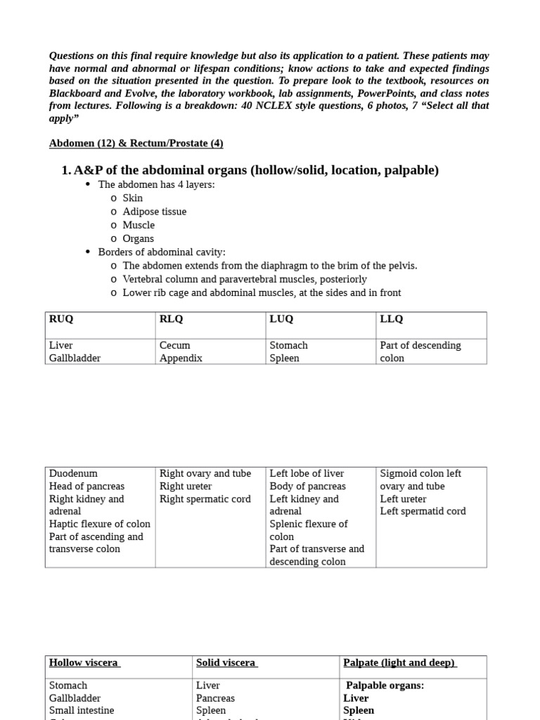 Health Assessment Exam 4 Study Guide | PDF | Anatomical Terms Of Motion | Abdomen